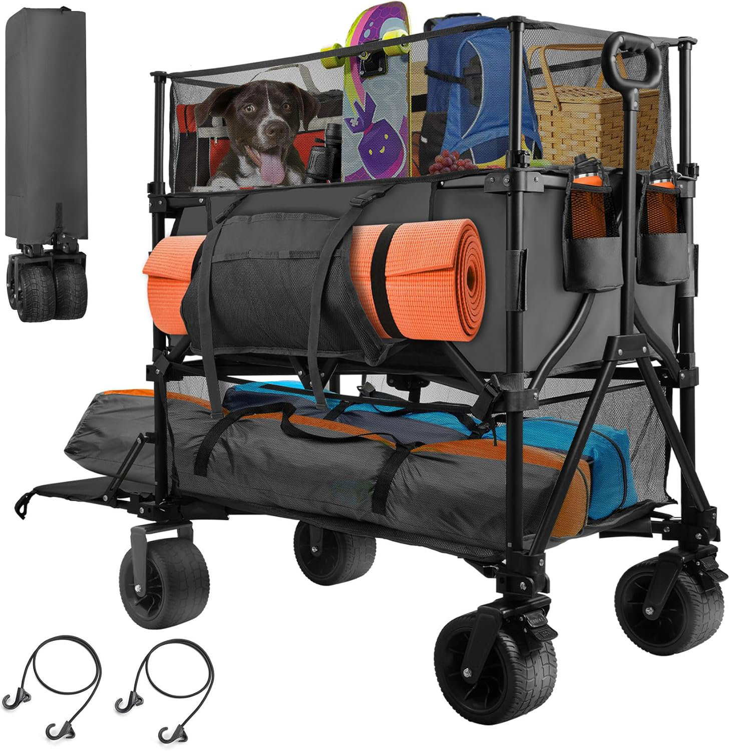 Suteck 54" Double Decker Wagon Cart with Wheels Foldable, 550L Large Capacity Collapsible Wagon ...